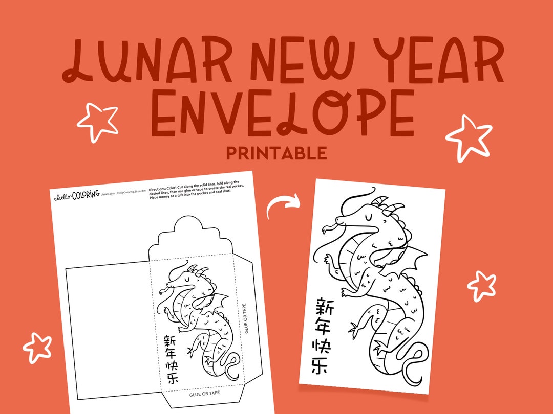 Lunar New Year Red Envelope, Dragon, Coloring for Kids, Instant ...