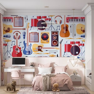Musical Instruments Pattern Wallpaper, Peel and Stick Teen Room Mural ...