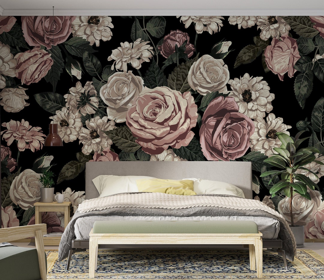 Vintage Rose Garden Wall Mural, Elegant Floral Pattern With Classic ...