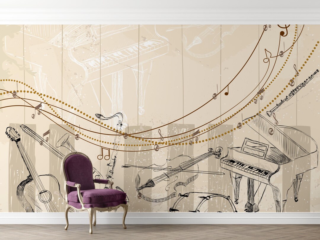 Large Music Instruments Wall Mural | Beige Neutral Musical Notes ...