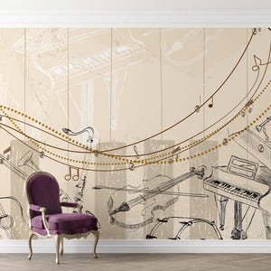 Large Music Instruments Wall Mural | Beige Neutral Musical Notes ...