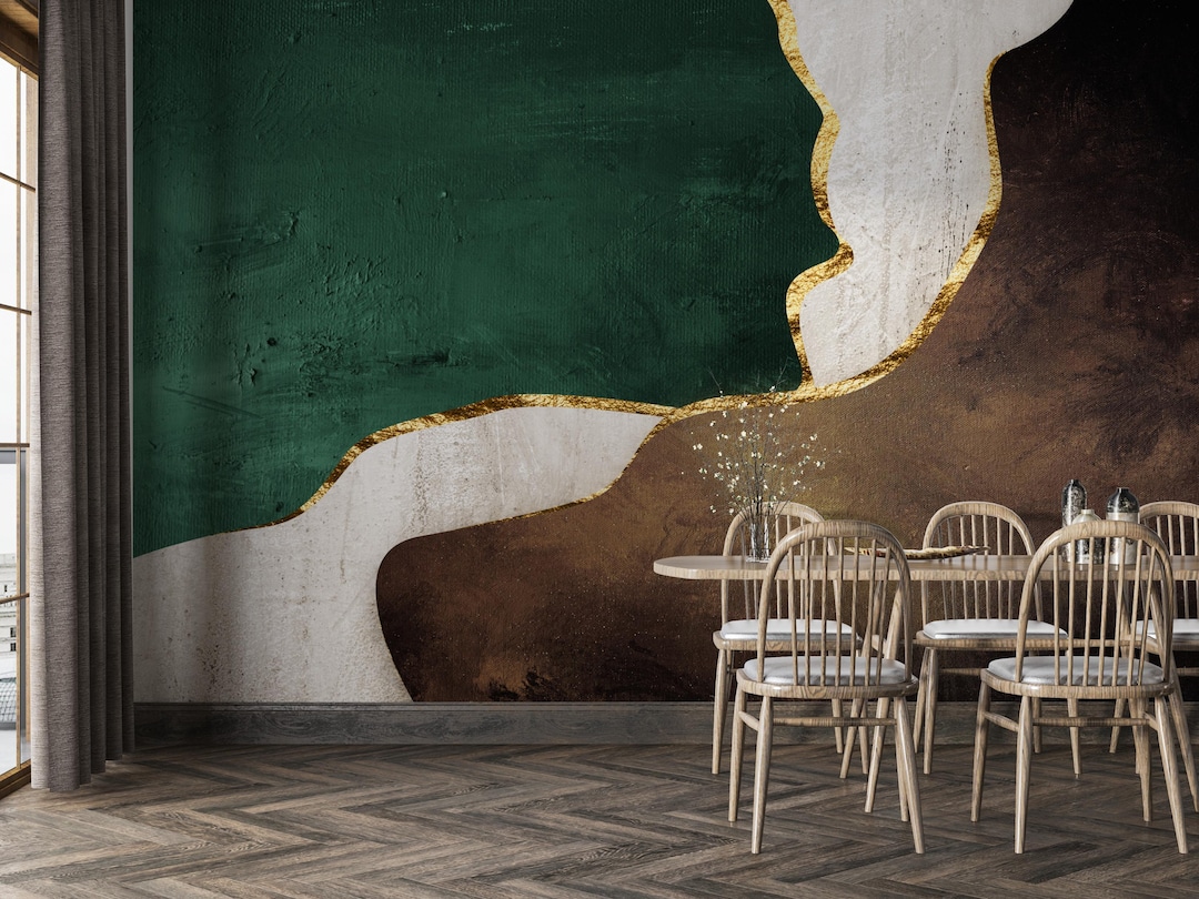 Abstract Gold Line Wall Mural – Green, Brown & White Textured Art ...