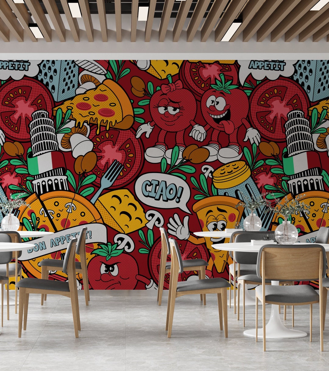 Custom Size Custom Size Retro Pizza Restaurant Wallpaper, Peel and ...