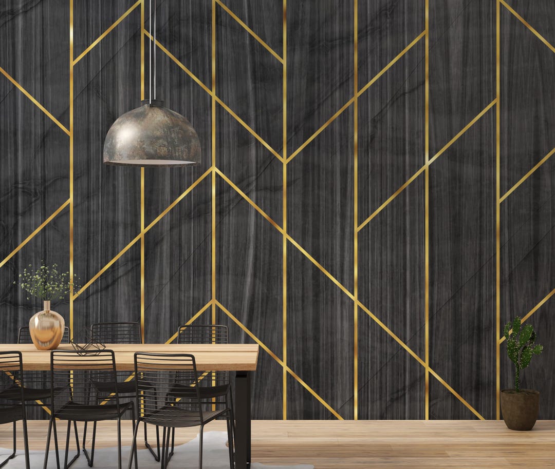 Luxury Black Marble and Gold Line Wall Mural – Modern 3D Effect ...