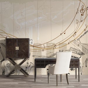 Large Music Instruments Wall Mural | Beige Neutral Musical Notes ...