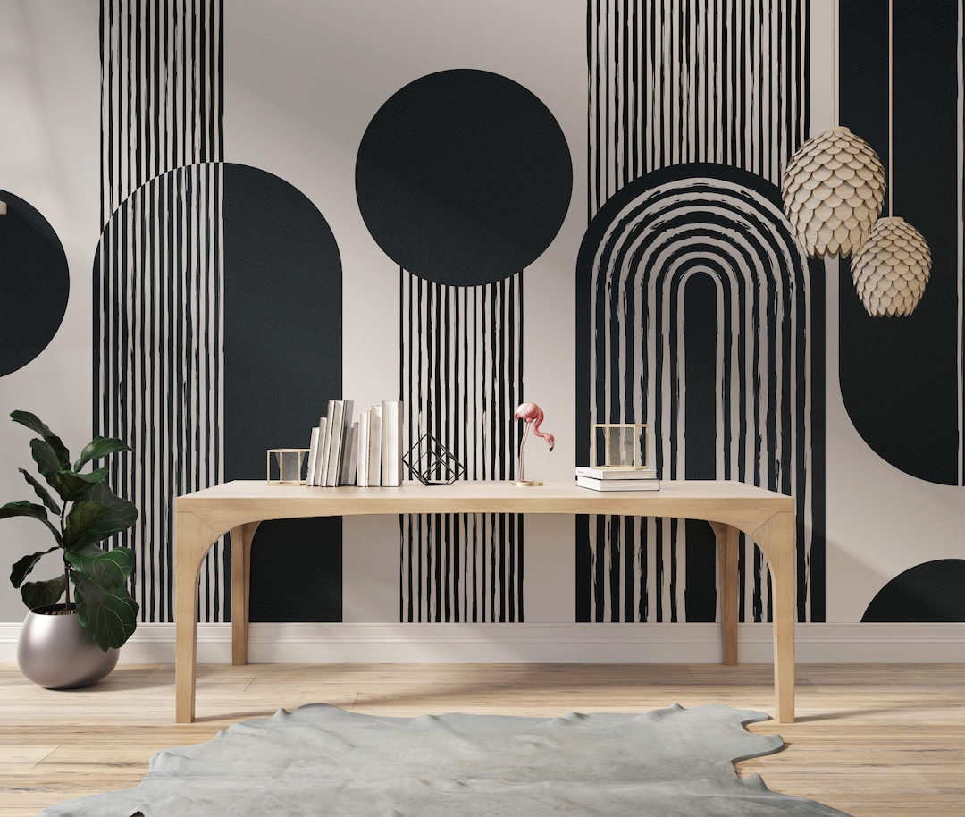 Modern Black Geometric Wall Mural – Abstract Circle and Arch Line Art ...