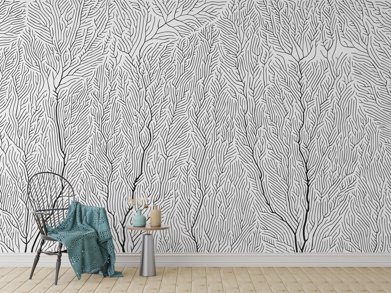 Abstract Line Art Wallpaper, Nature Inspired Wall Mural With Flowing ...