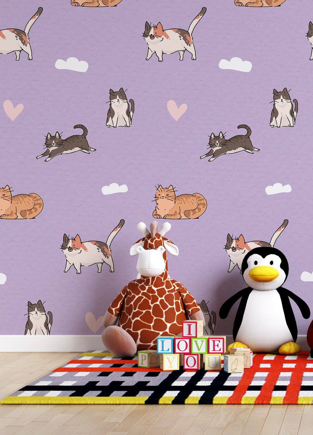Colorful Cute Cats Pattern Wallpaper, Peel and Stick, Removable Kidroom ...