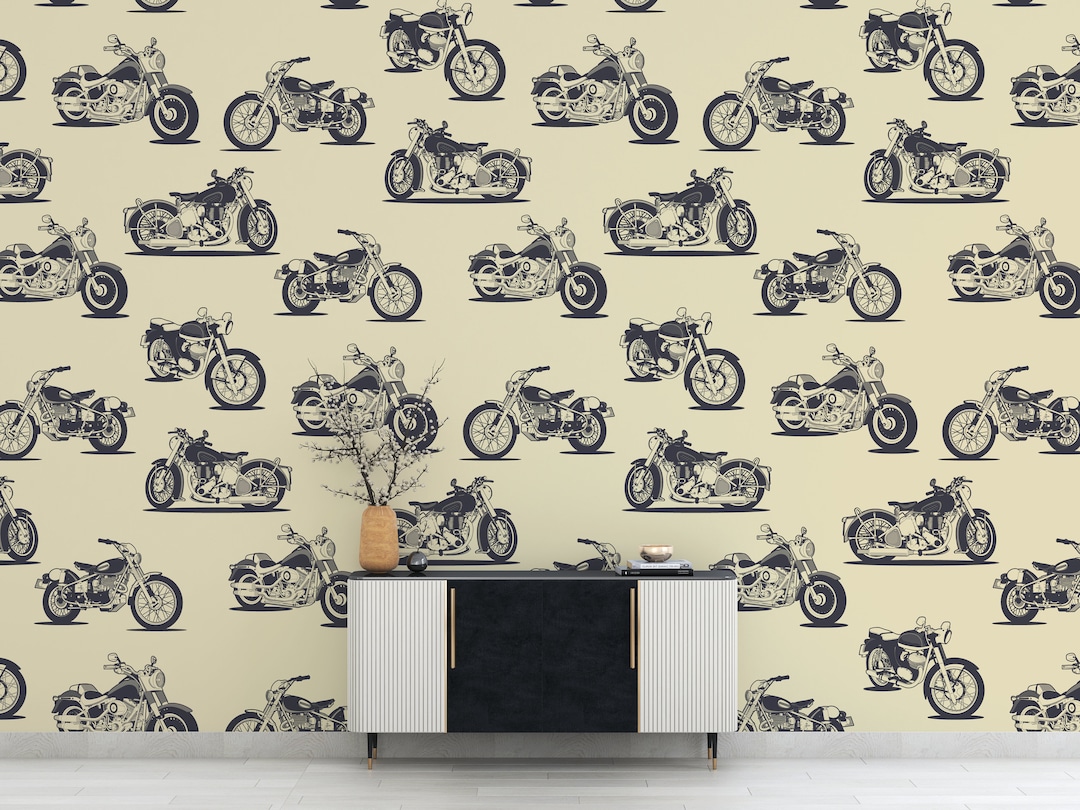 Retro Motorcycles Pattern Wall Mural, Peel and Stick Wallpaper, Self ...