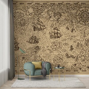 Pirate Treasure Map Wall Mural – Vintage Nautical Adventure Wallpaper ...