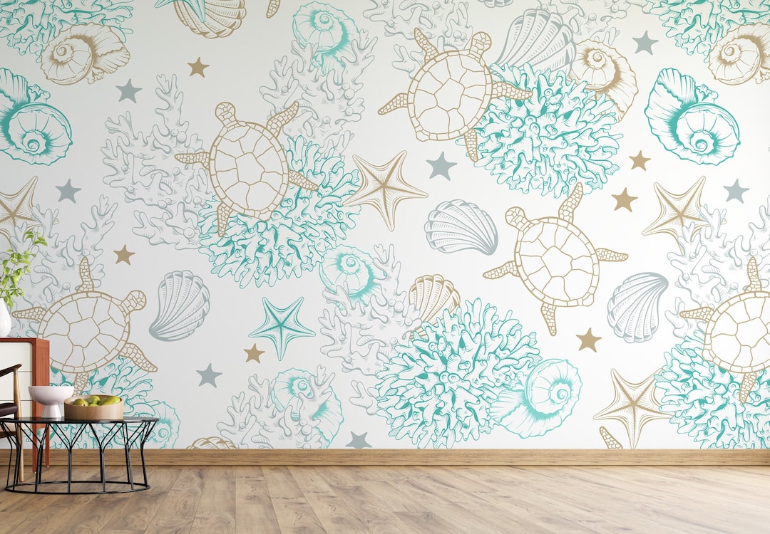 Marine Background Sea Shells and Turtles Pattern Wallpaper, Peel and ...