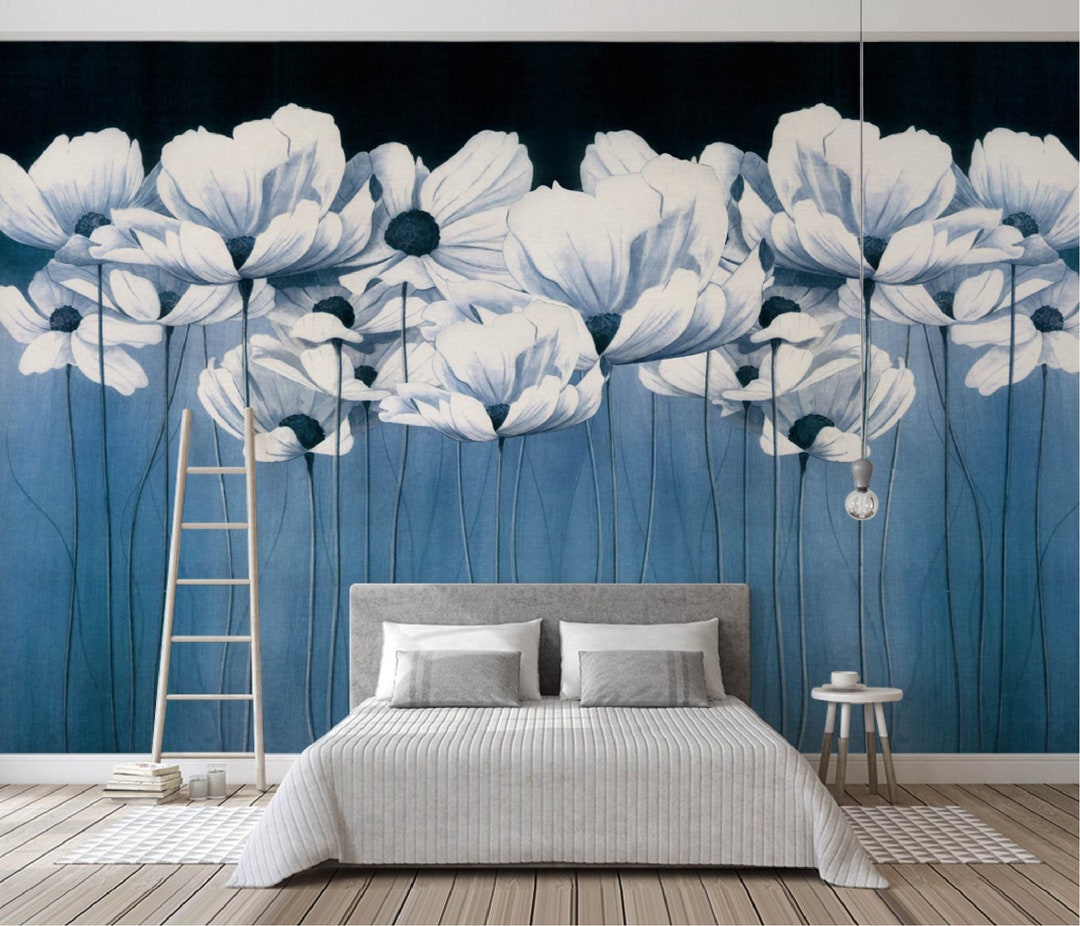 Custom Size Blue Floral Wallpaper, Peel and Stick Wallpaper, Removable ...