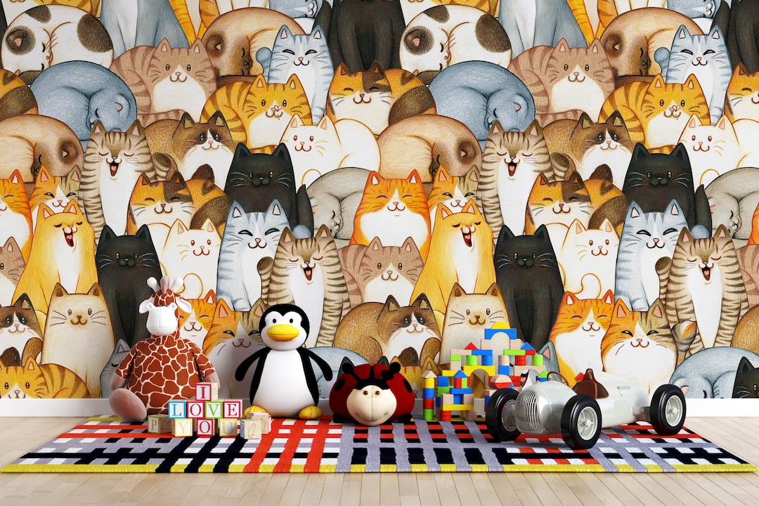 Colorful Cute Cats Wallpaper, Peel and Stick, Removable Kidroom Wall ...