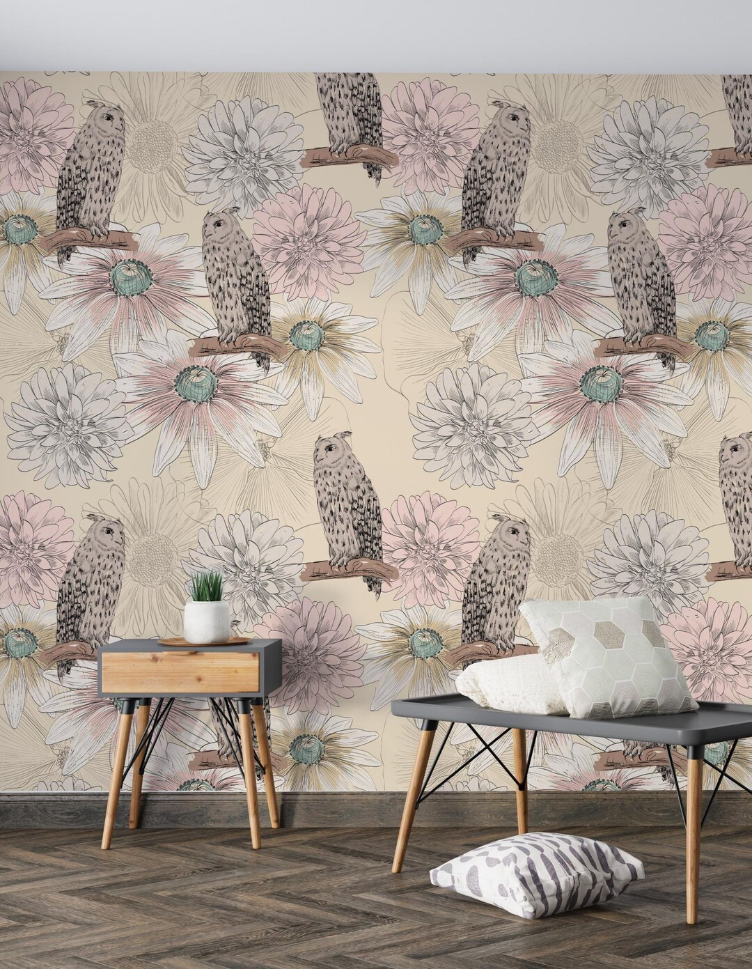 Rustic Floral Wallpaper With Realistic Owl Illustrations and Botanical ...