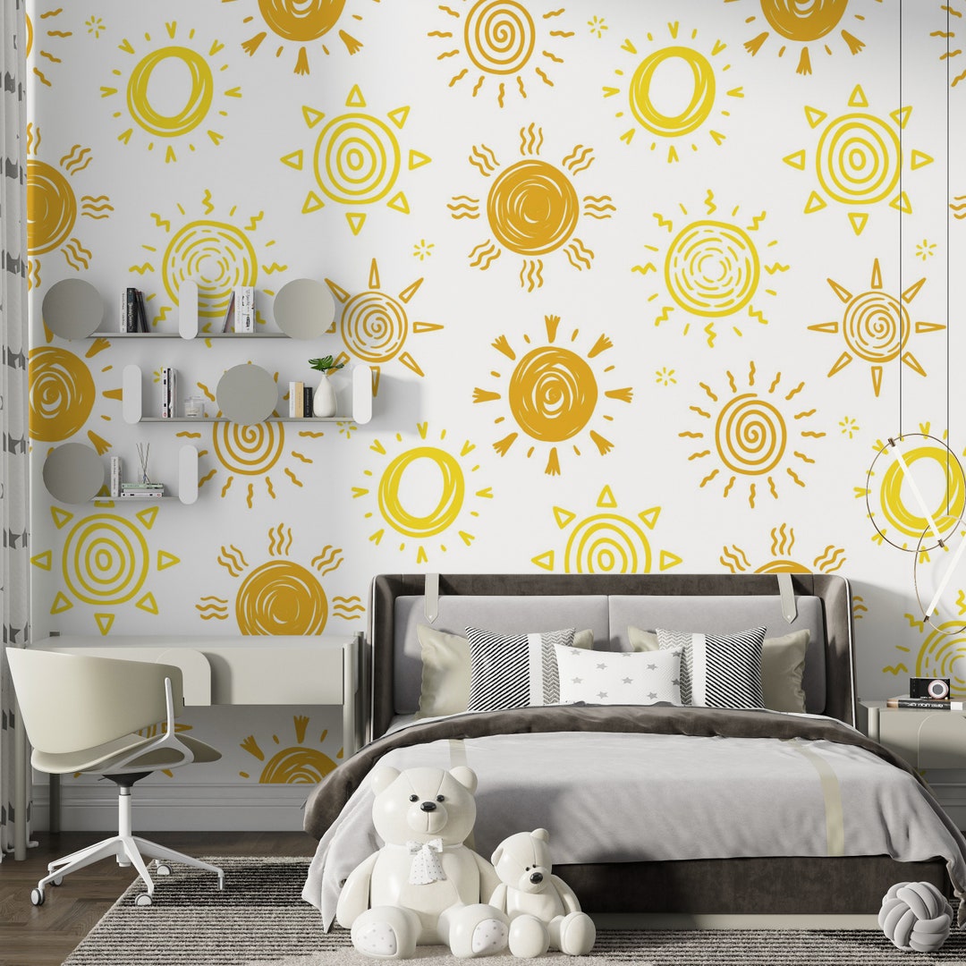 Hand Drawn Sun Pattern Wallpaper, Peel and Stick Wall Mural Removable, Self Adhesive or Pasted ...