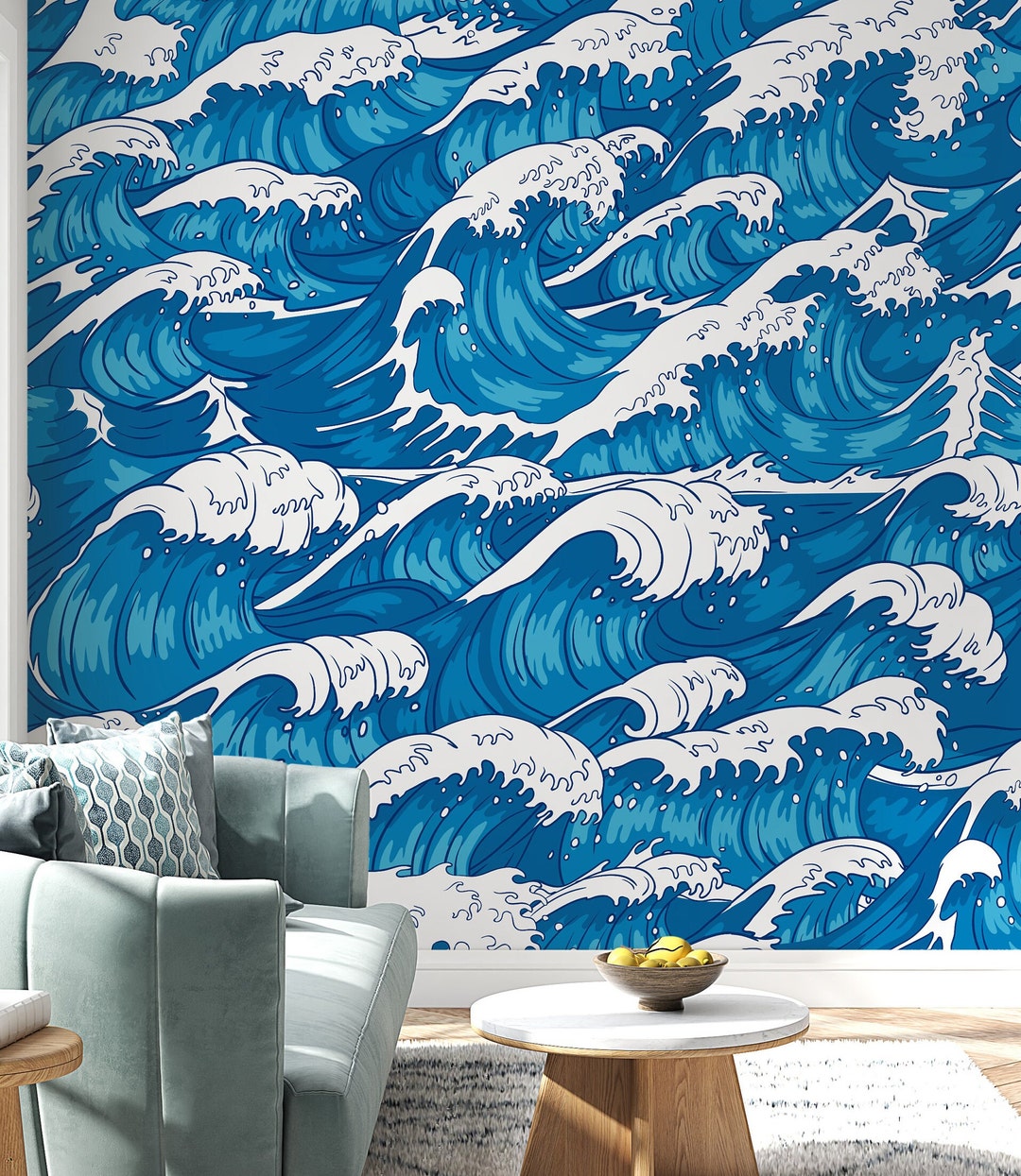 Vintage Ocean Waves Pattern Wall Mural, Peel and Stick Wallpaper, Self ...