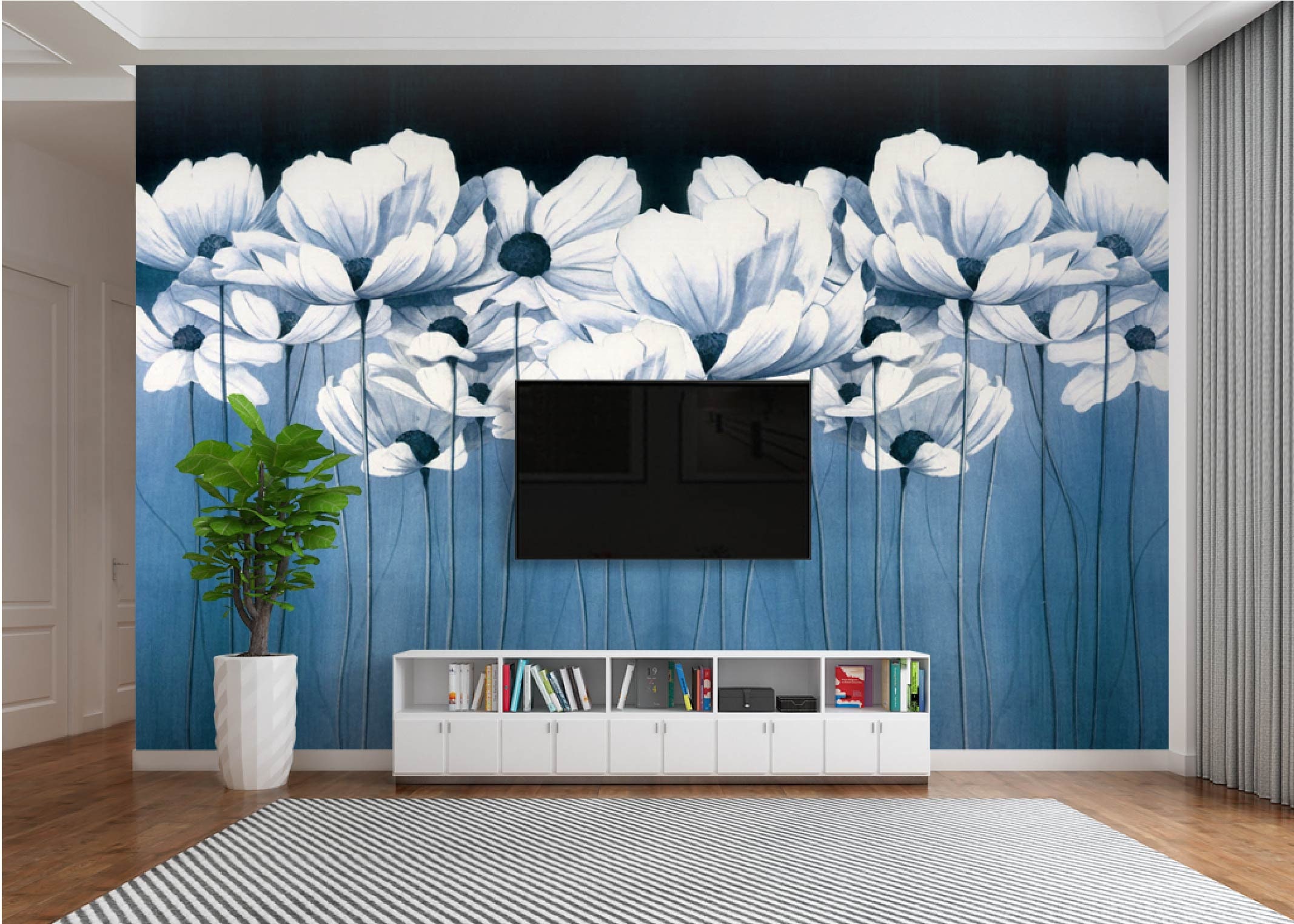 Custom Size Blue Floral Wallpaper Peel and Stick Wallpaper - Etsy