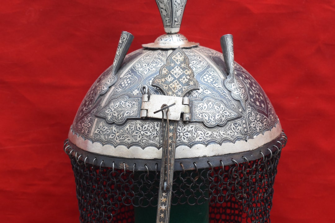 Vtg Mughal Islamic Ottoman Quranic Silver Damascened Helmet Khula Khud ...