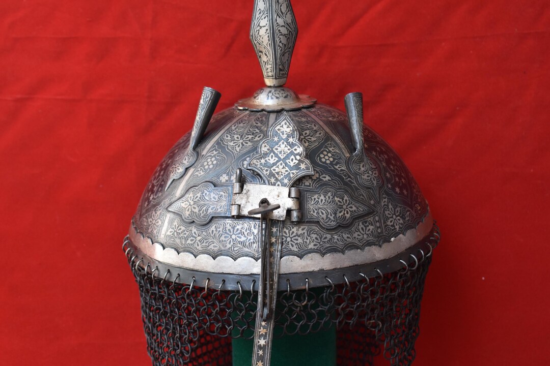 Vintage Style Mughal Islamic Ottoman Quranic Silver Damascened Helmet ...