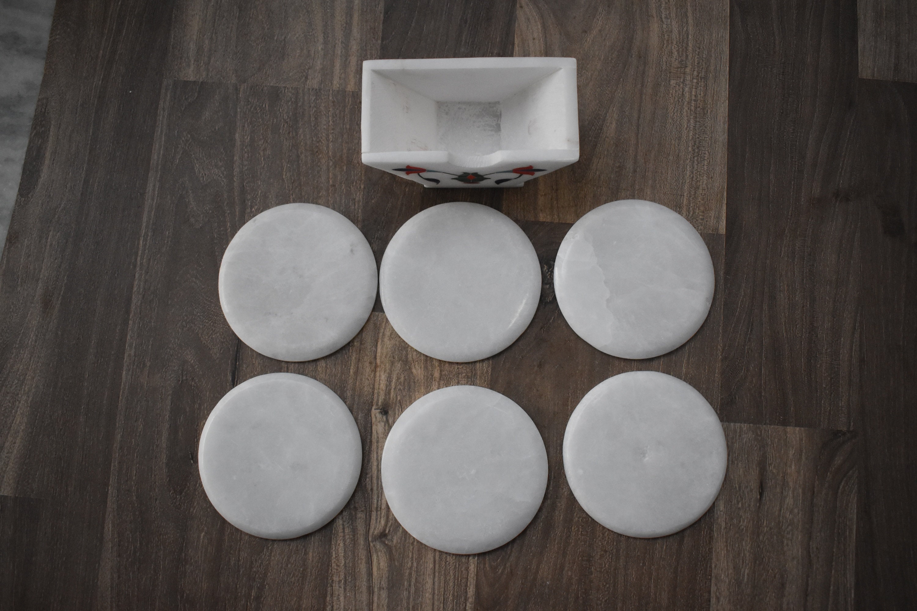 White marble Round Coaster Set of 6 with Stand floral stone | Etsy