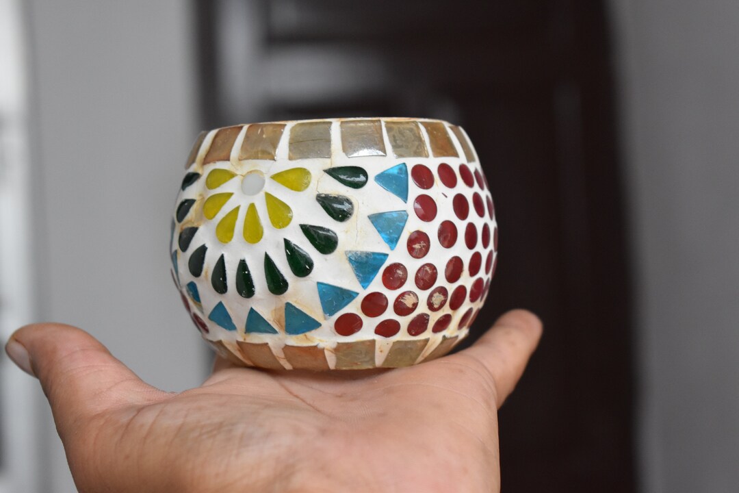 Vintage Beautiful Multi Color Glass Inlay Candle Holder Bowl for Candle ...