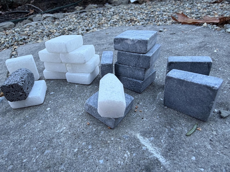 Handmade Marble Tak Pieces - Solid Black & White Stone Game Set - Flat ...