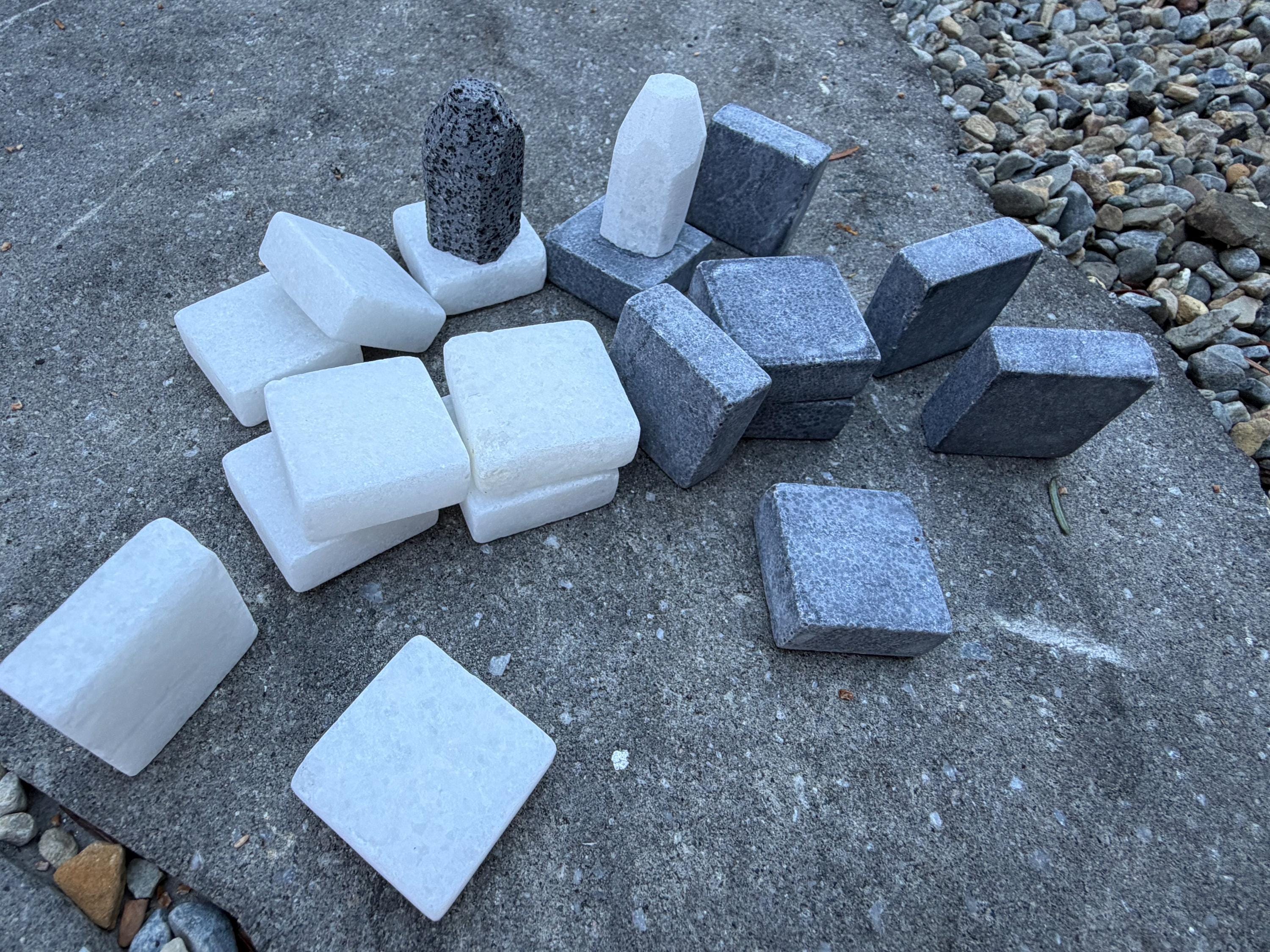 Handmade Marble Tak Pieces - Solid Black & White Stone Game Set - Flat ...