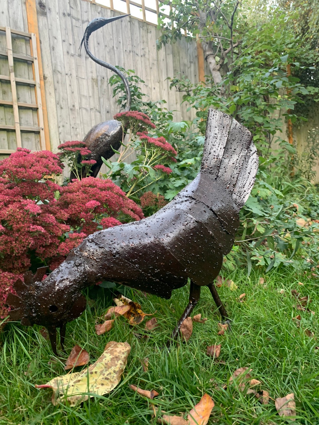 Cockerel and Hen Garden Ornament Sculpture: Recycled Metal Garden Art ...