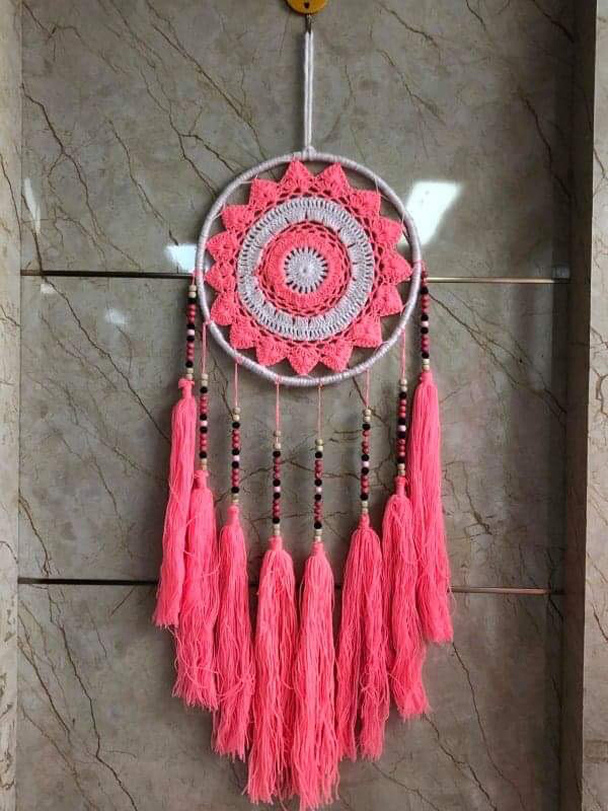 100% Handmade Woolen Dreamcatcher, Natural Pink and White Color. Finely ...