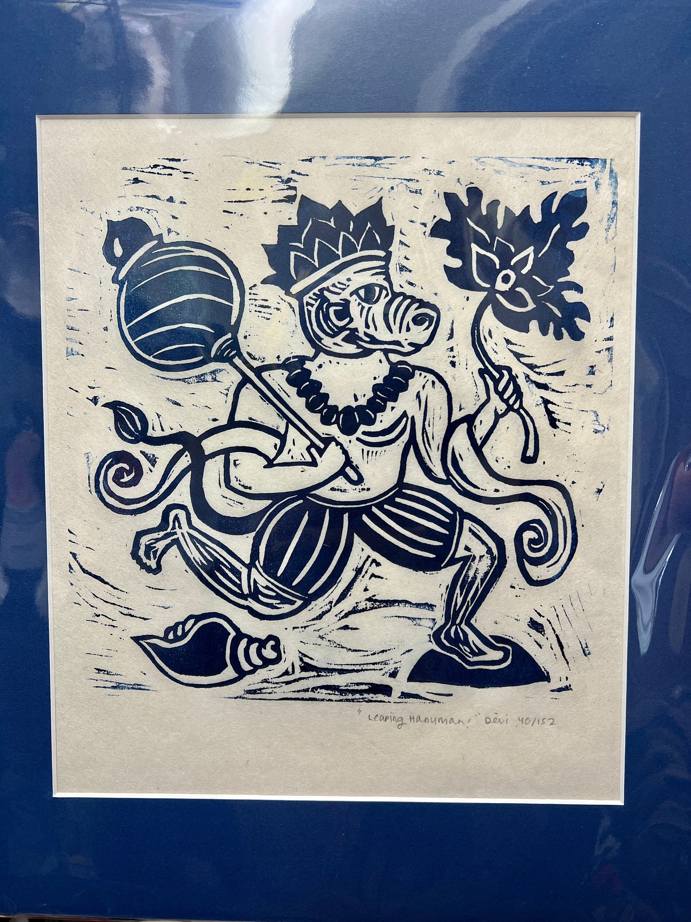 Leaping Hanuman Woodblock Print - Truth and Dharma Conch - Hindu Monkey ...