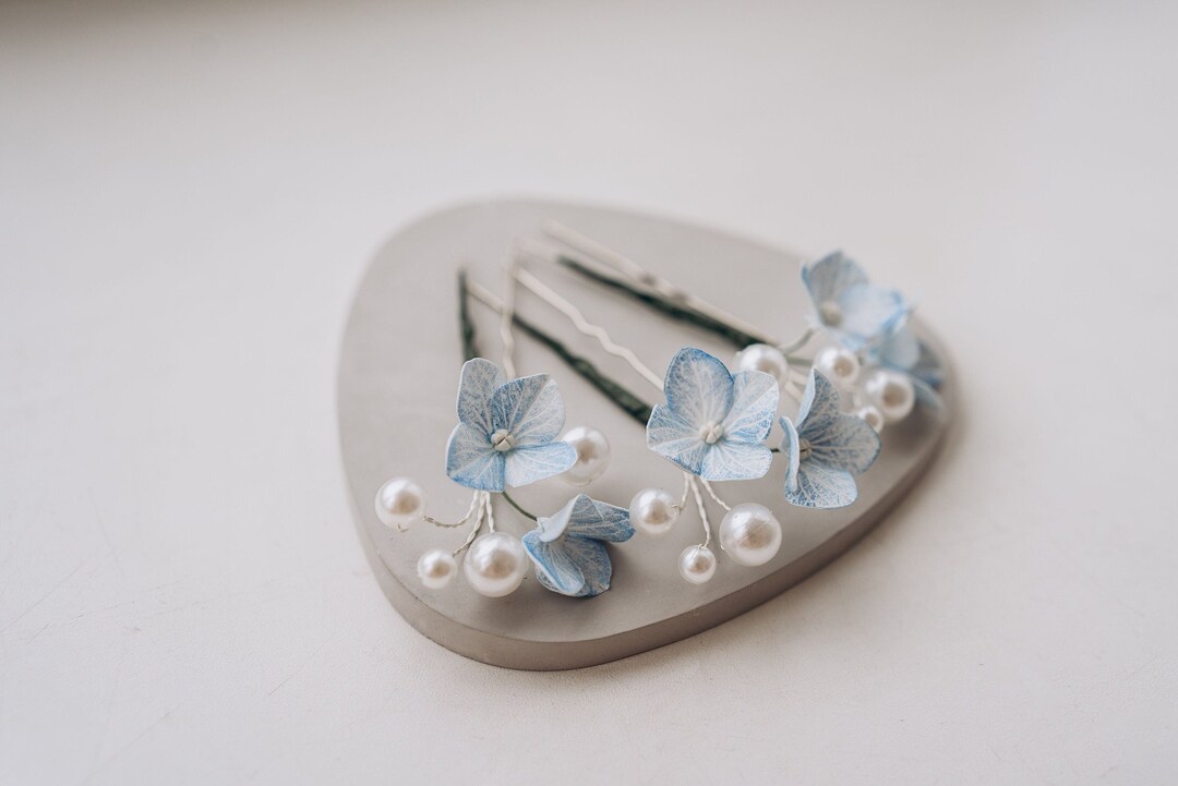 Blue Hydrangea Pearl Hair Pins Floral Hair Piece - Etsy