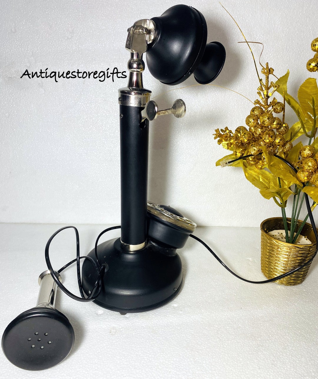 Black Candlestick Rotary Dial Phone Chrome Finish Home Decor Telephone ...