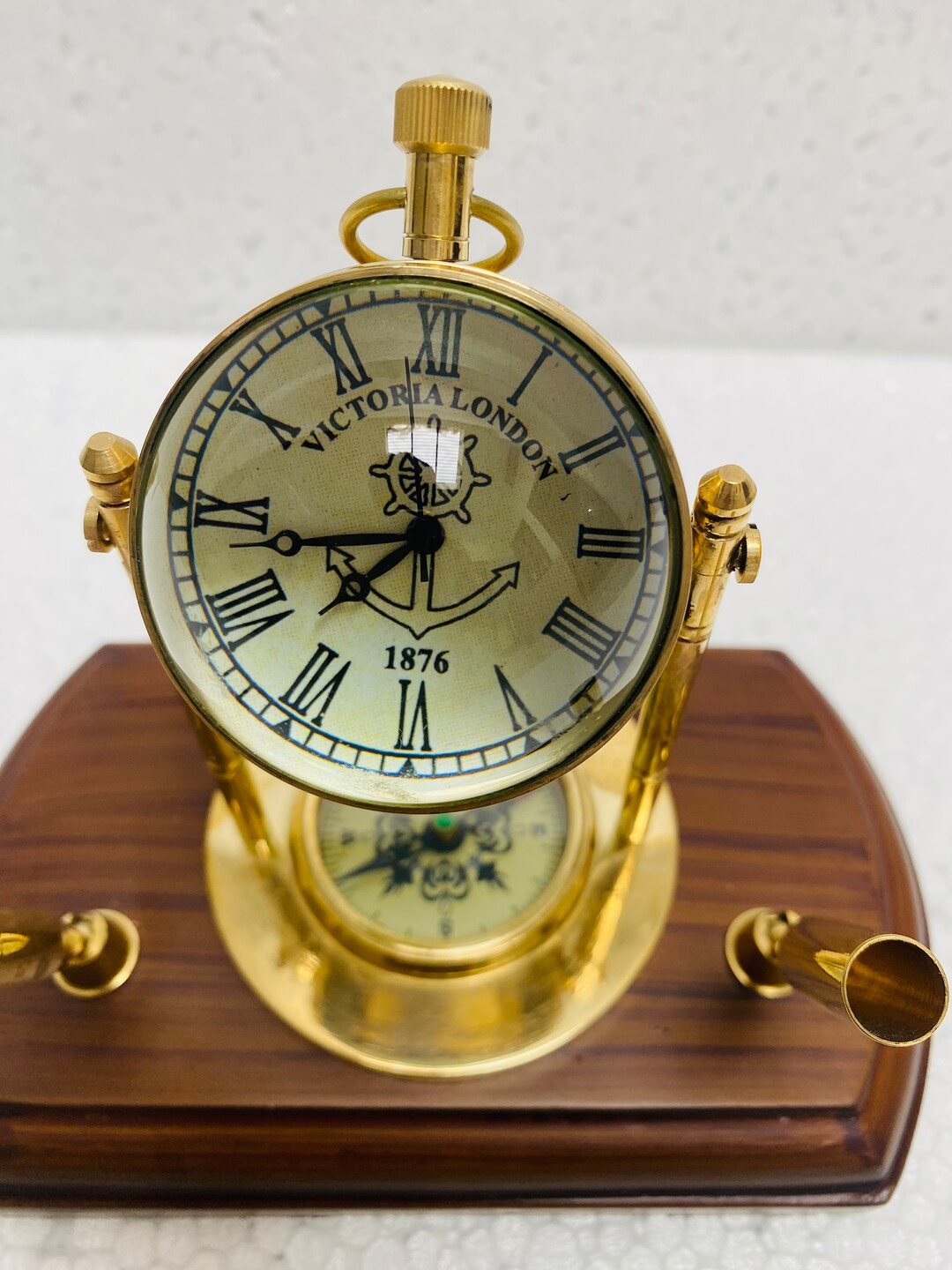 Brass Table Top Desk Clock Pen Holder With Wooden Base Christmas Gift ...