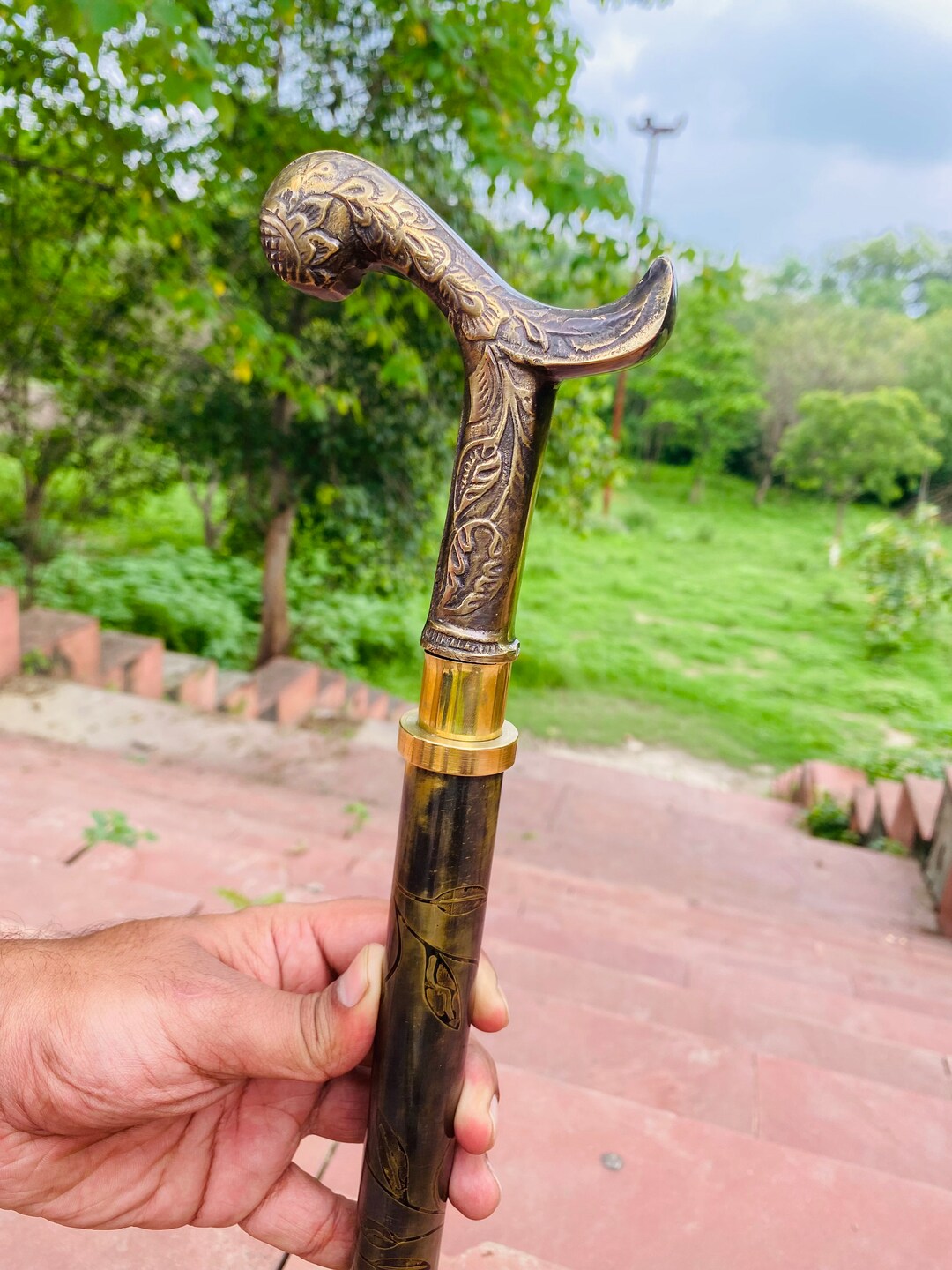 Personalized Engraved Walking Stick Solid Brass Designer Long Handle ...