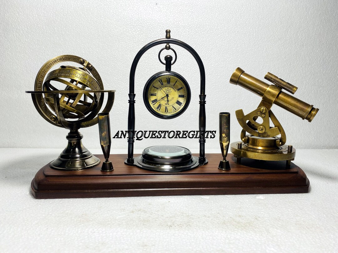 Brass Table Top Clock With Pen Holder Compass Sphere Alidade Desk Top ...