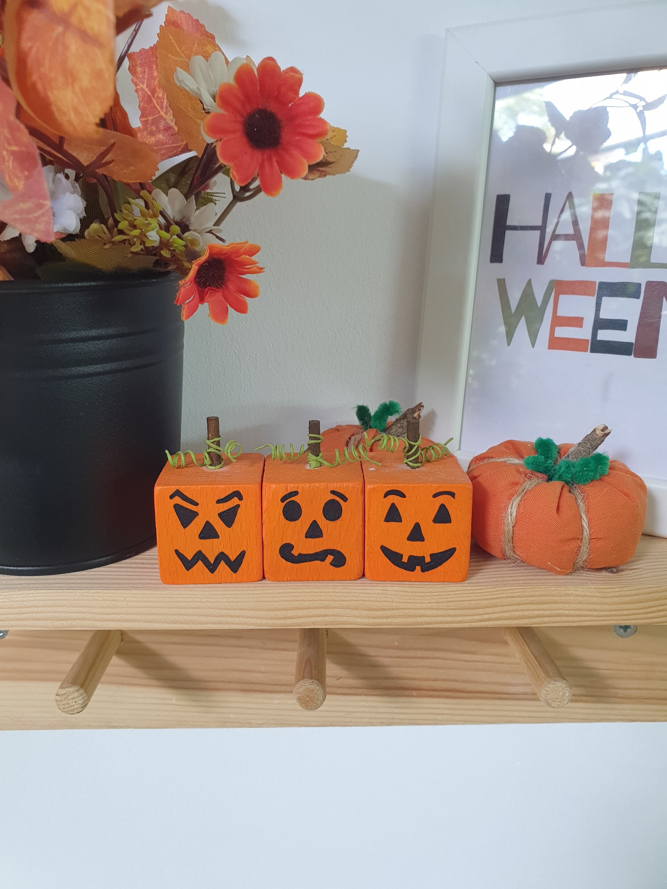 3 Pumpkin Face Wood Block Set, Halloween Home Decor, Wooden Sign for ...