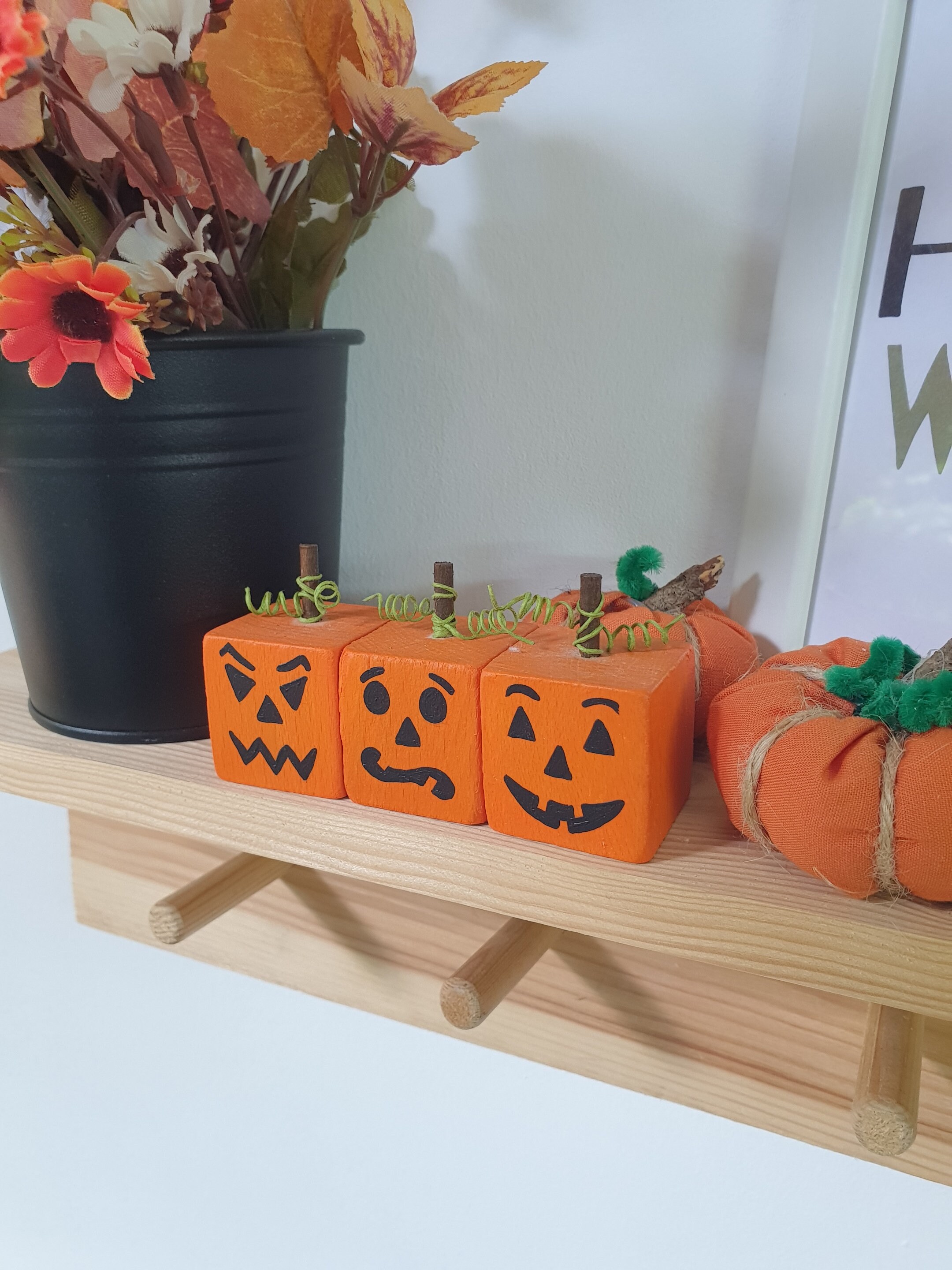 3 Pumpkin Face Wood Block Set, Halloween Home Decor, Wooden Sign for ...
