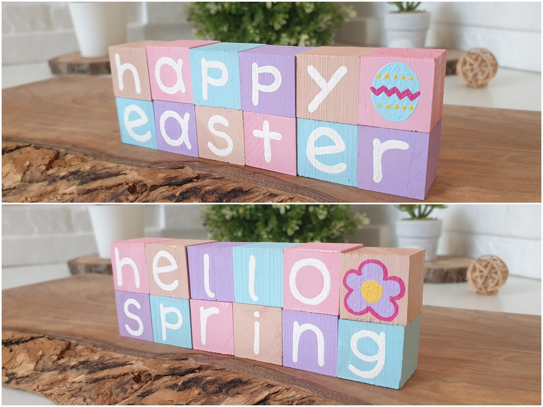 Happy Easter & Hello Spring Wood Blocks Sign, Reversible Block Set ...