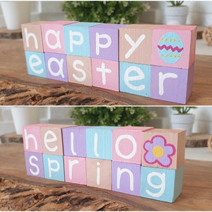 Happy Easter & Hello Spring Wood Blocks Sign, Reversible Block Set ...