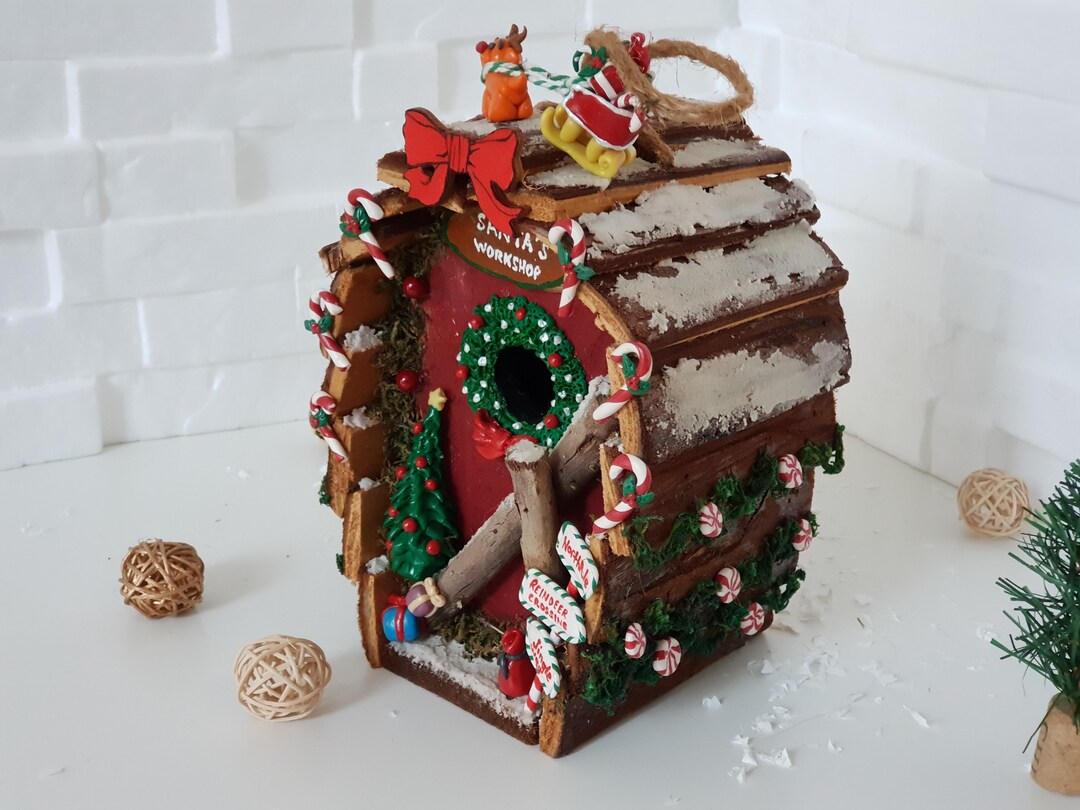 Red Christmas House Wooden Decor, Xmas Cottage Santa Log Cabin, Holiday ...
