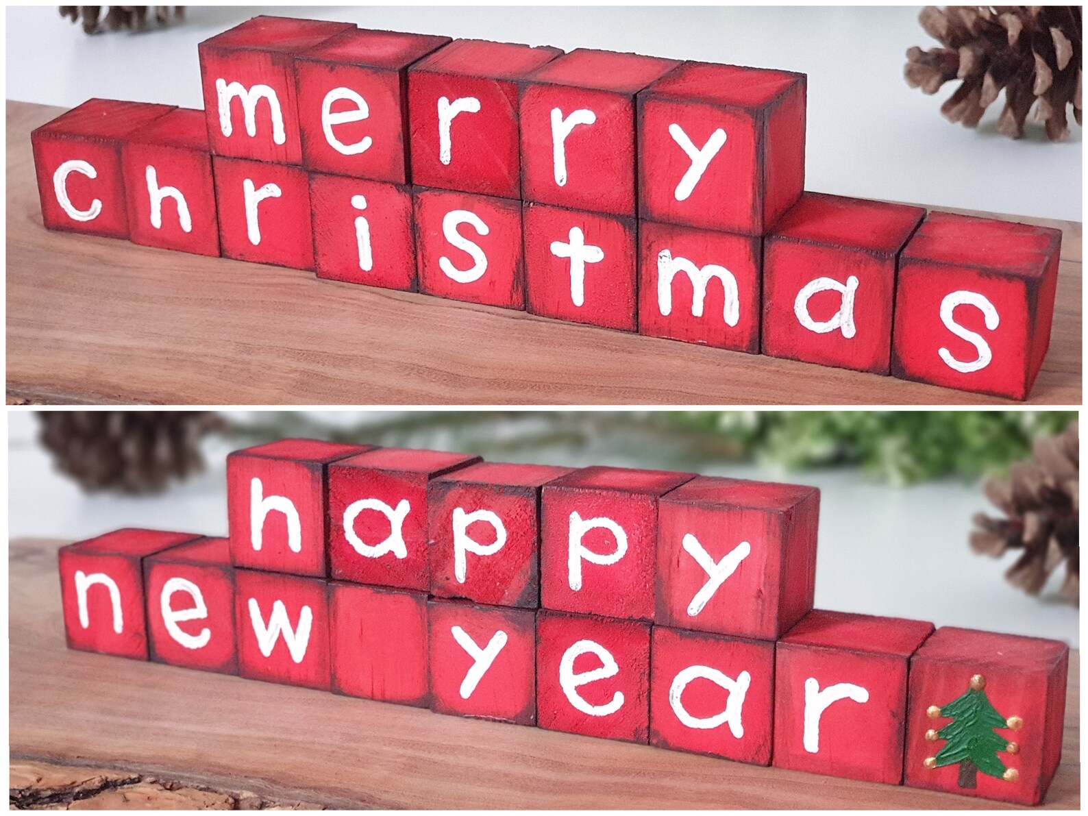 Christmas Wood Blocks Set, Wooden Tiered Tray Decor, Reversible Cubes ...