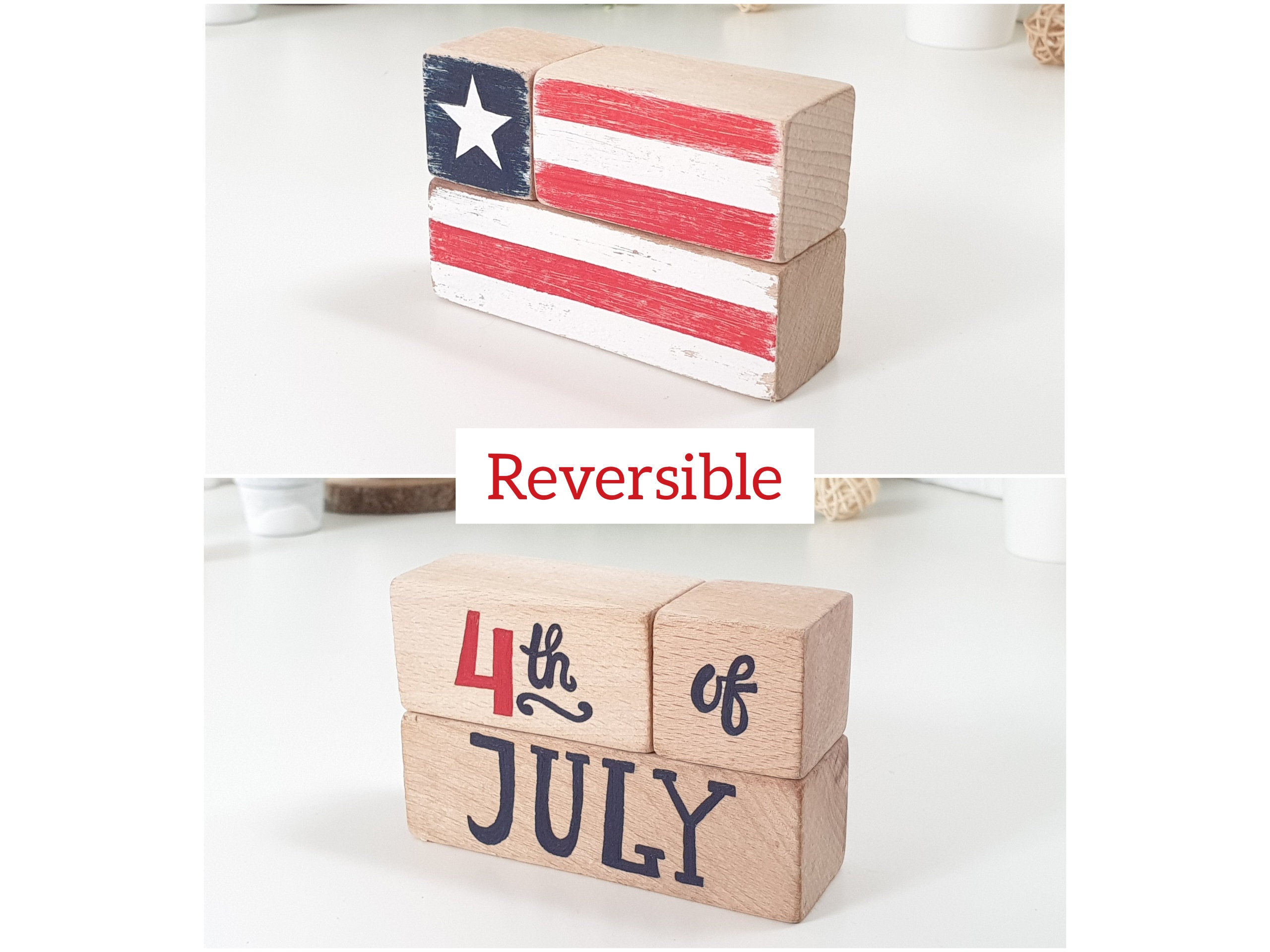 Rustic American Flag Wooden Block Sign Decor, 4th of July Patriotic USA ...