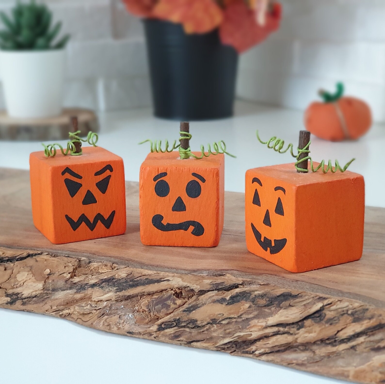3 Pumpkin Face Wood Block Set, Halloween Home Decor, Wooden Sign for ...