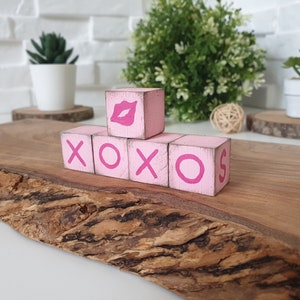 Reversible Valentines Day Blocks Wood Decor Pink Love Kiss Hugs Xoxo ...