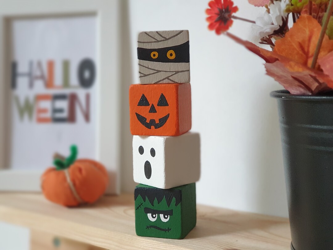 Halloween Wood Block Set, Wooden Tier Tray Cute Home Decor / Pumpkin ...