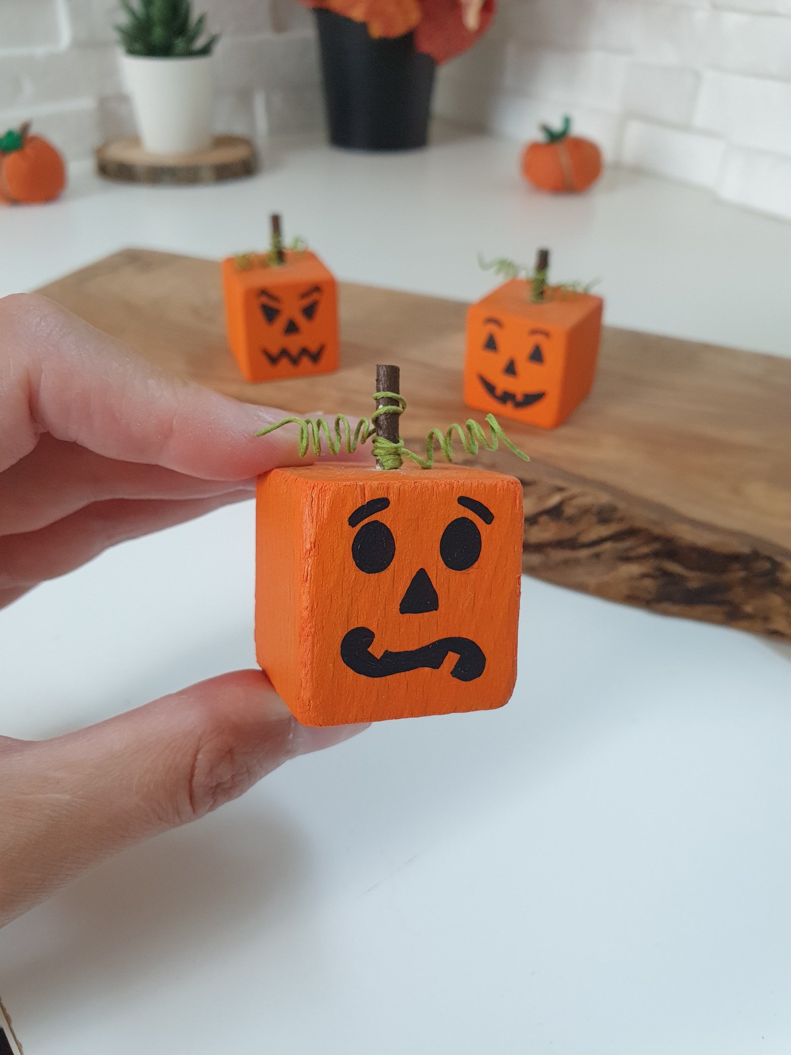 3 Pumpkin Face Wood Block Set Halloween Home Decor Wooden - Etsy