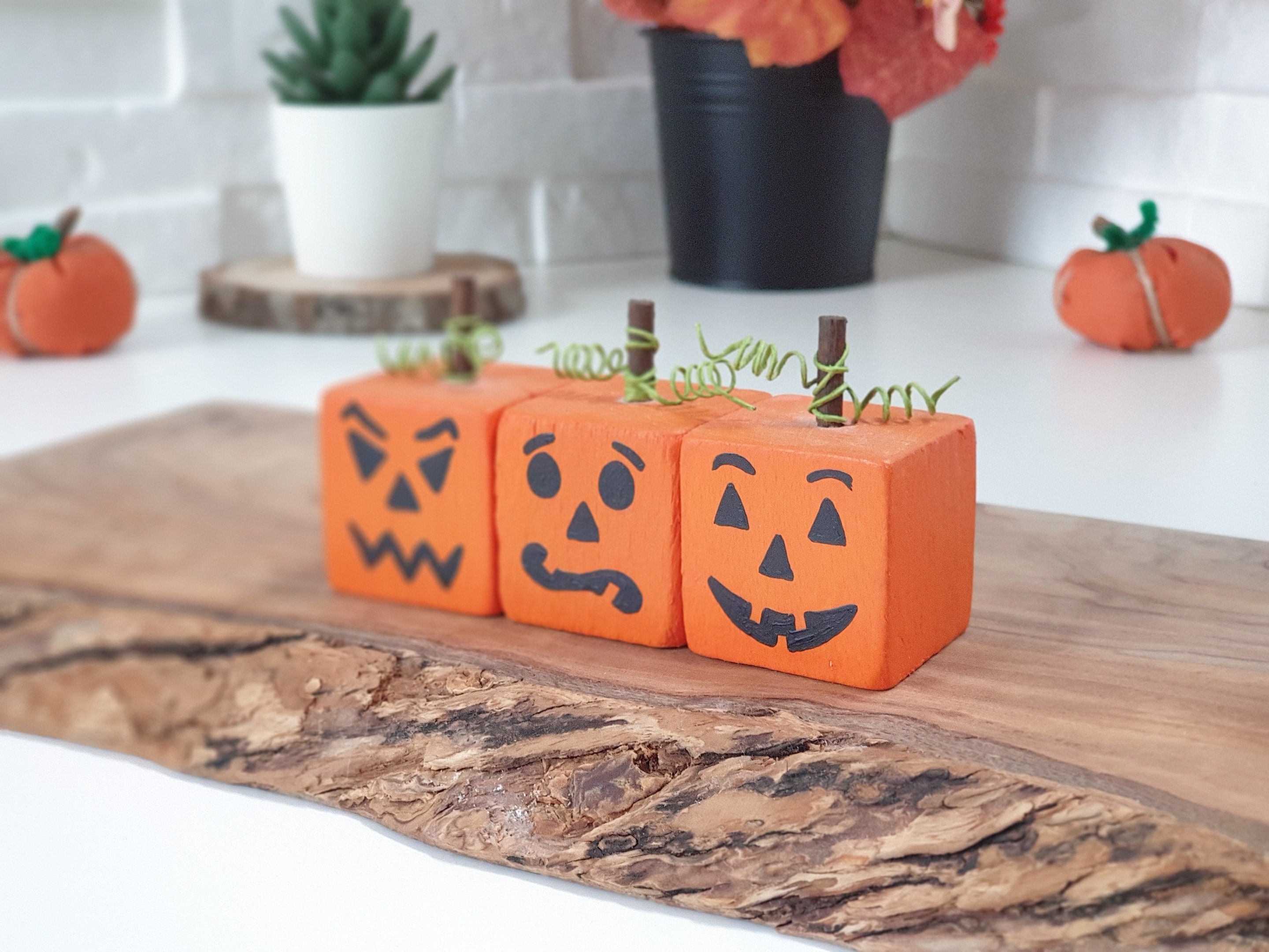 3 Pumpkin Face Wood Block Set, Halloween Home Decor, Wooden Sign for ...