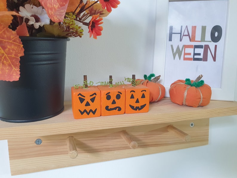 3 Pumpkin Face Wood Block Set, Halloween Home Decor, Wooden Sign for ...