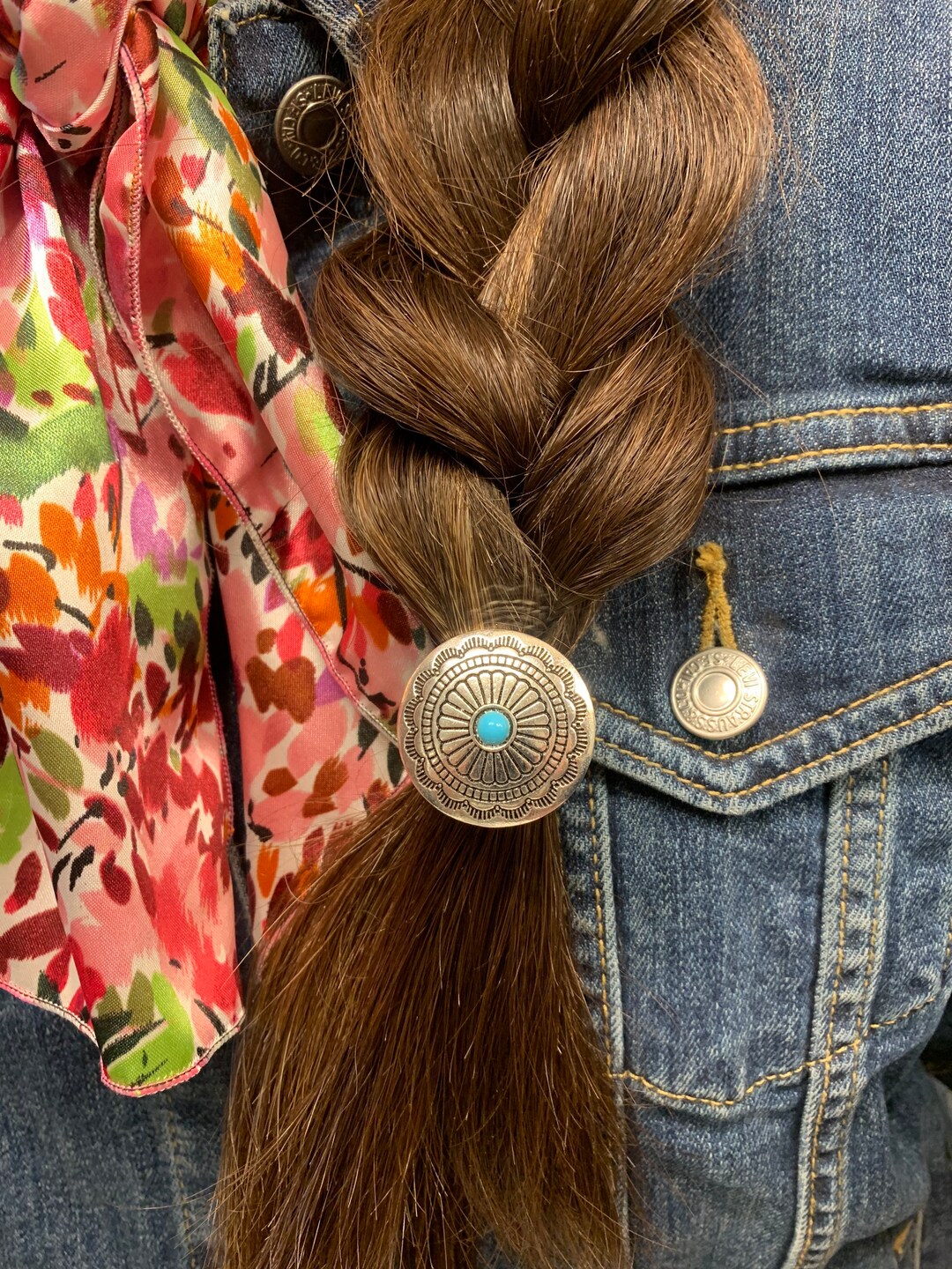 Circle Scalloped Hair Concho Ponytail Holder With Turquoise Colored ...