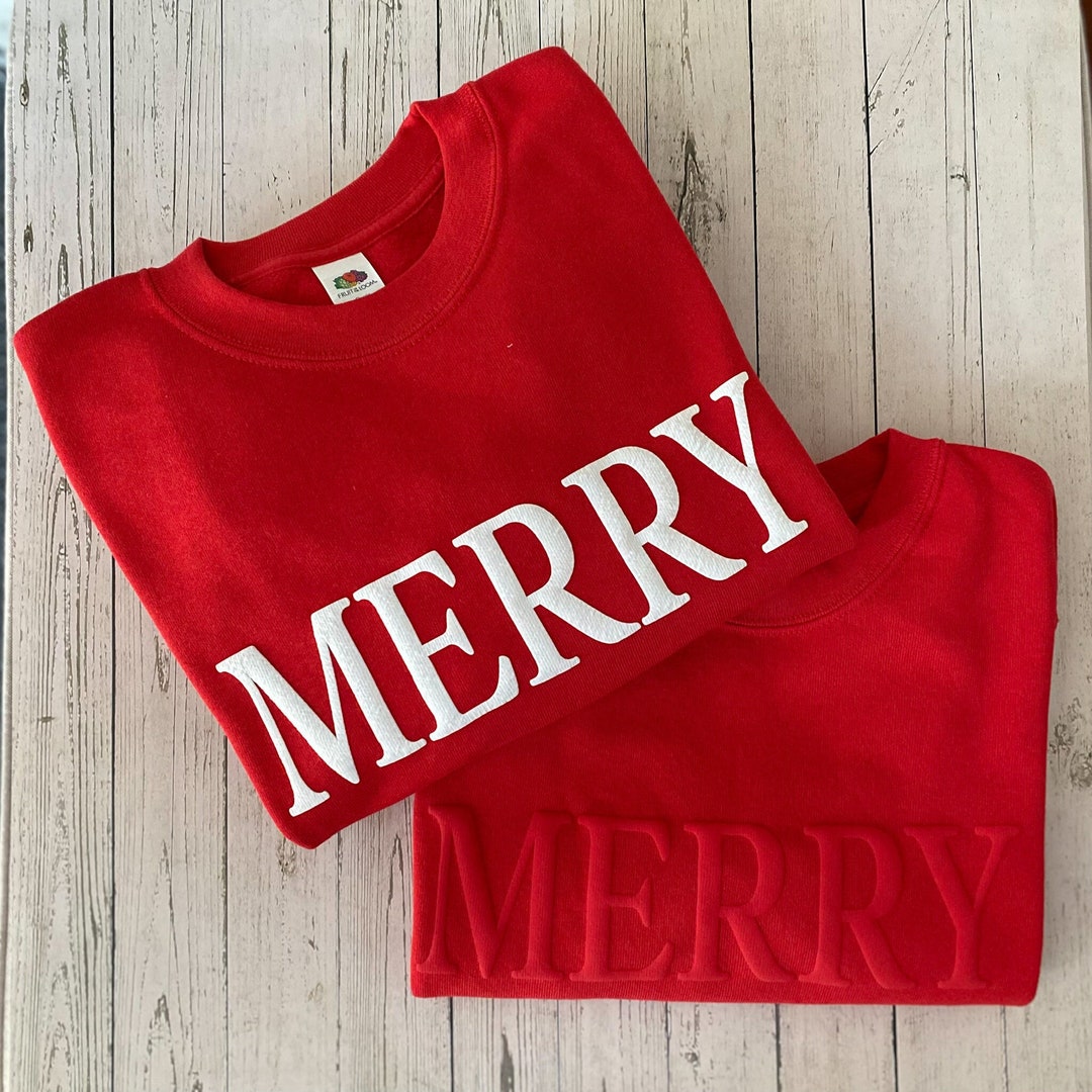 Merry Christmas Puff Print Jumper 3D Letters Unisex Adult & Kids Sizes ...